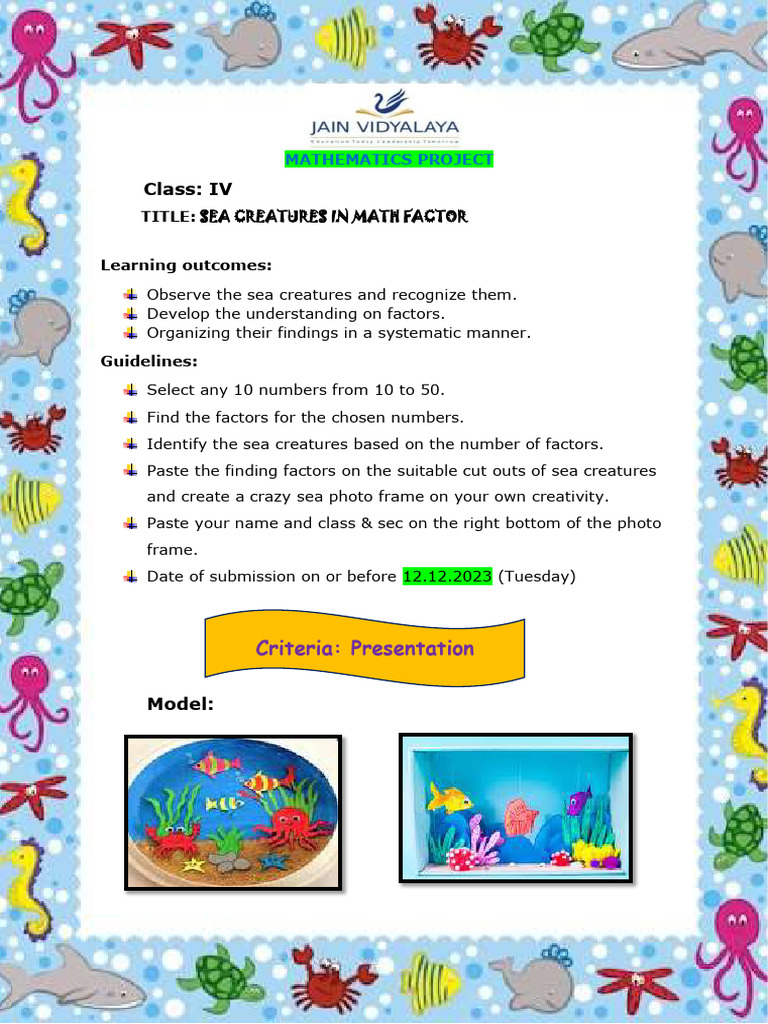Sea Creatures Math Project for Grade 4 | PDF