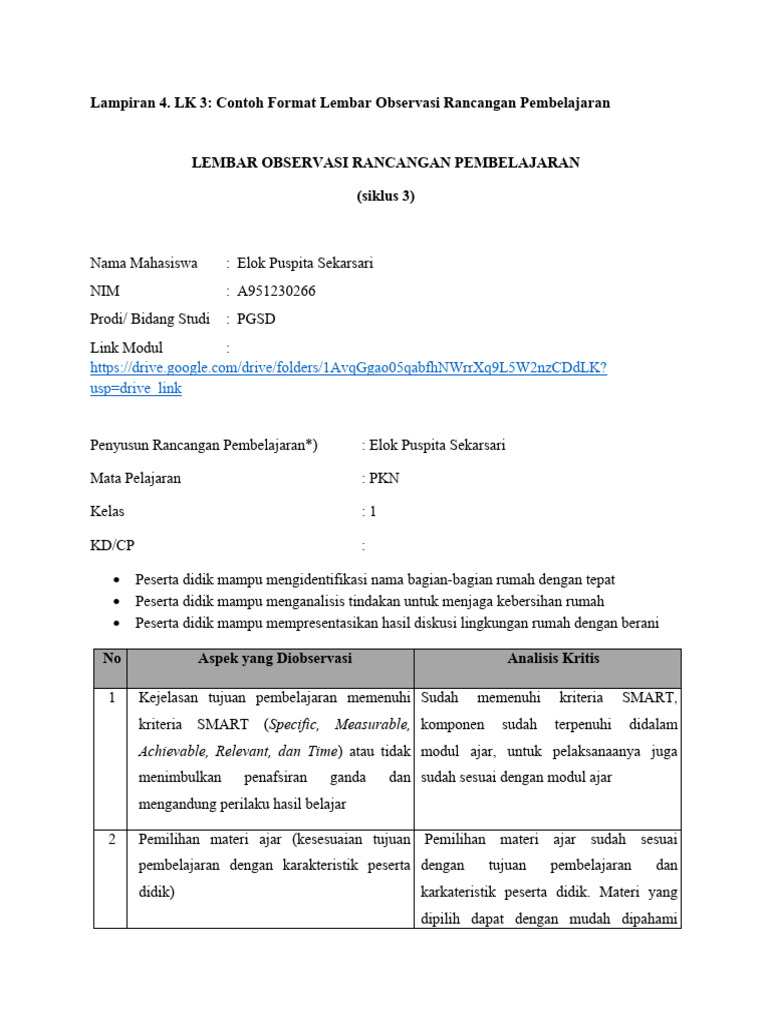 t4 s3 Lembar Observasi RPP PPL | PDF | Karier & Perkembangan | Sains & Matematika