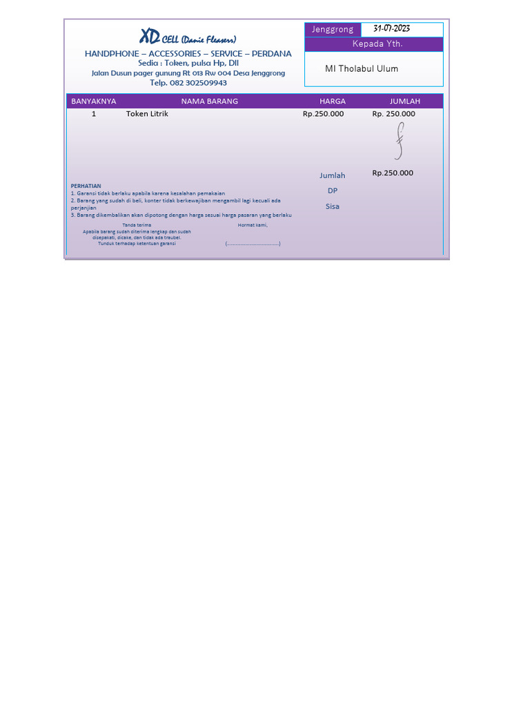 Nota Token Listrik Bulan Juli Nopember 2023 | PDF