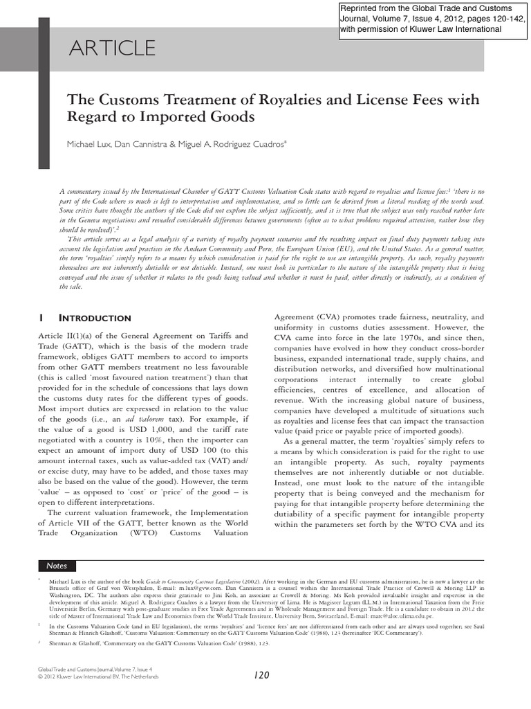 The Customs Treatment of Royalties and License Fees With Regard To ...
