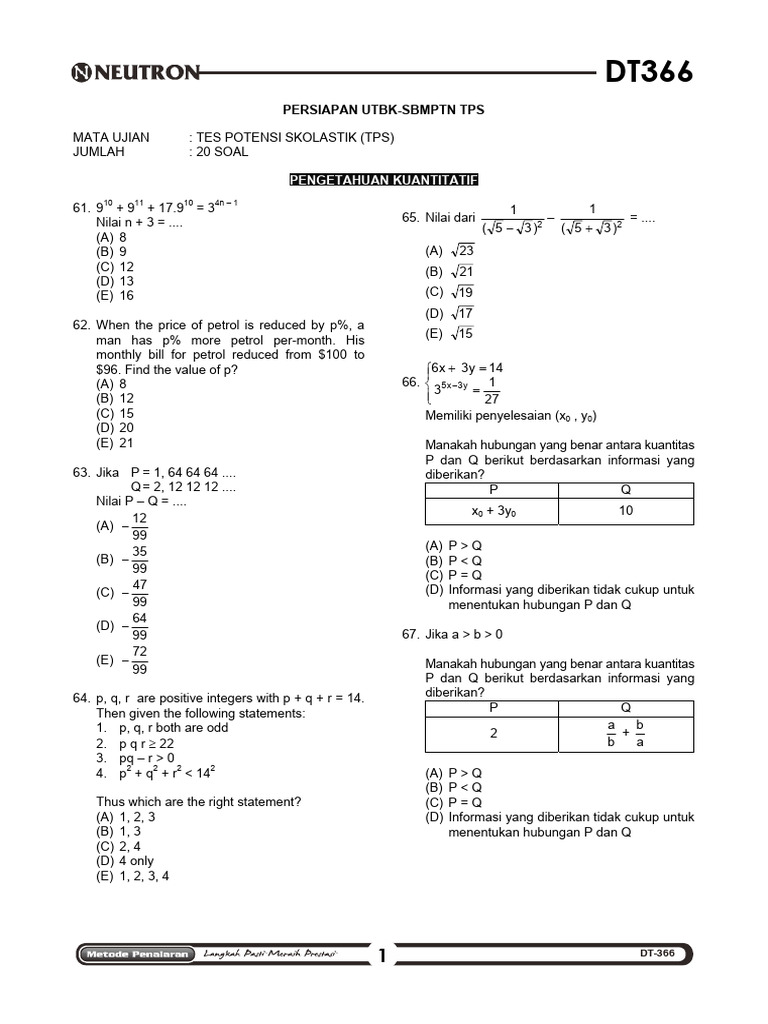 DT366 - GR Utbk - Pengetahuan Kuantitatif | PDF