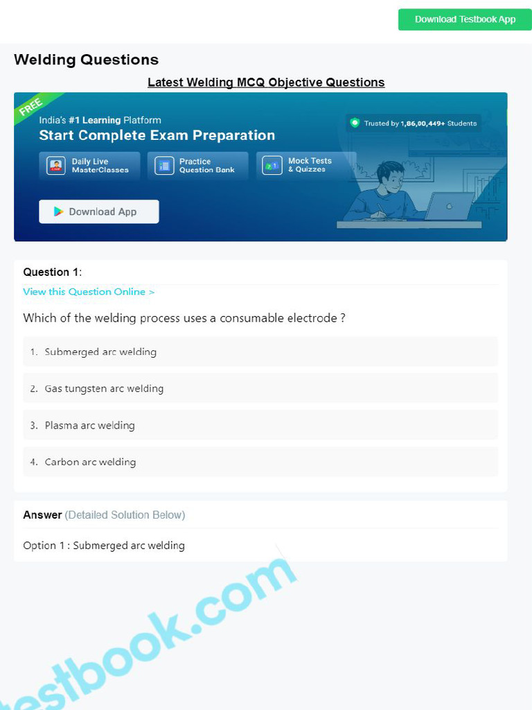 MCQ On Welding 5eea6a0c39140f30f369e10d | PDF