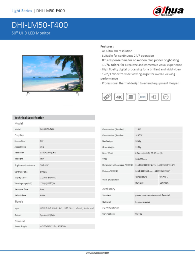 DHI-LM50-F400 50" UHD Monitor Specs | PDF | Computer Monitor | Imaging