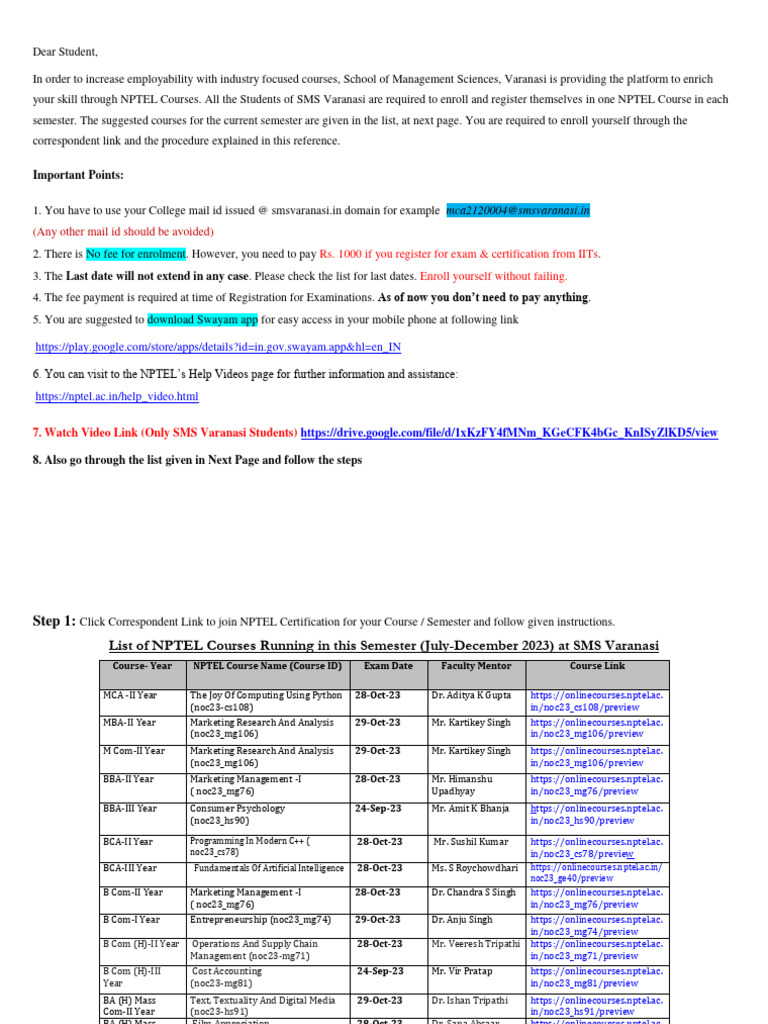 NPTEL Step by Step Enrollement Process JULY - DEC 2023 | PDF