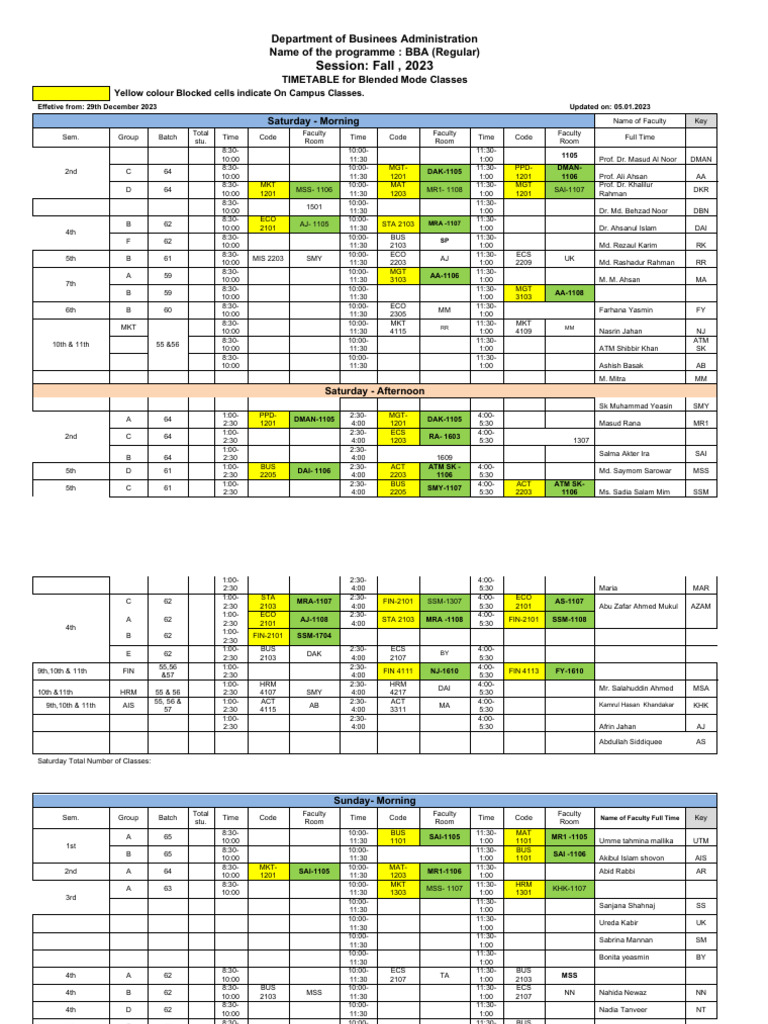 BBA Fall 2023 Blended Class Timetable | PDF