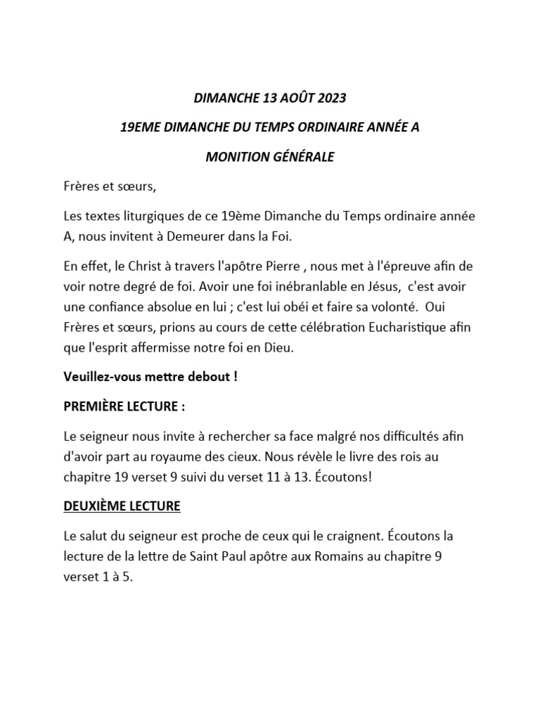 Monition et Prière du 19e Dimanche A | PDF