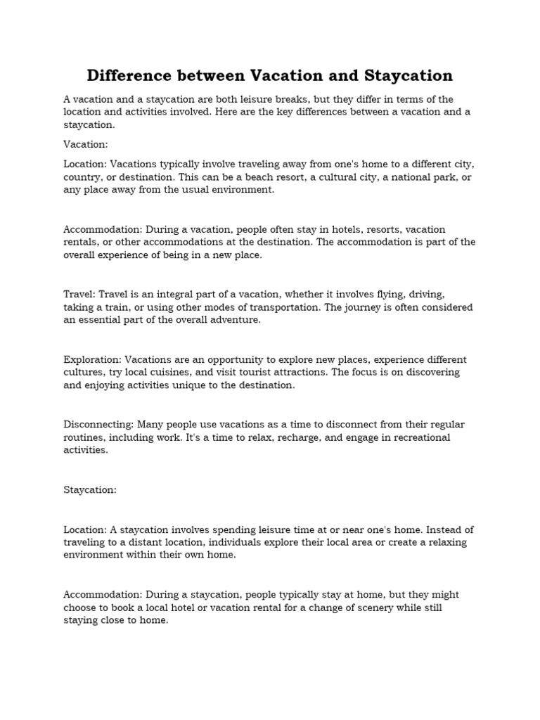 Difference Between Vacation and Staycation | PDF | Tourism | Vacation