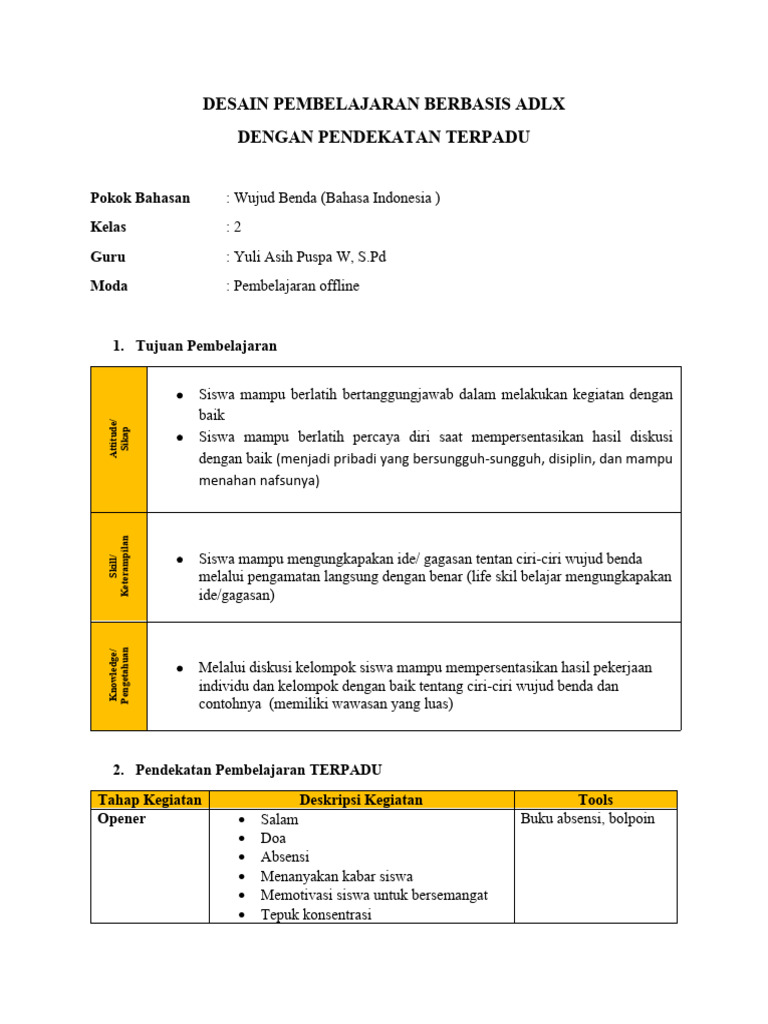 Format Desain Aktivitas Pembelajaran TERPADU - Yuli Asih | PDF