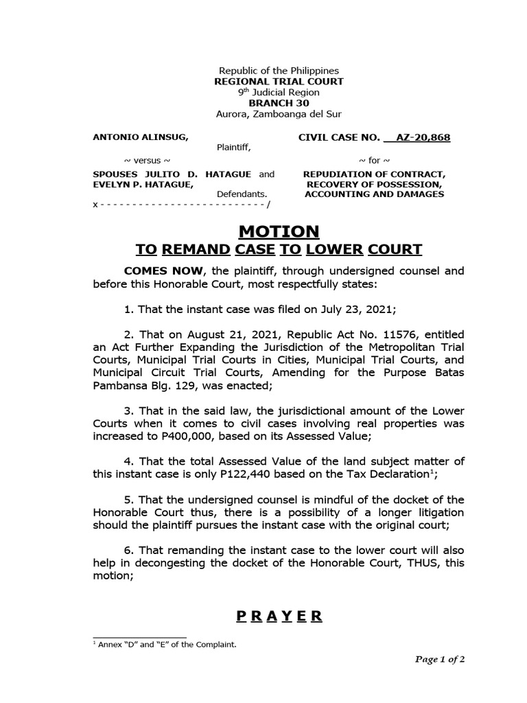 Alinsug Motion To Remand - Ramon Magsaysay | Download Free PDF ...