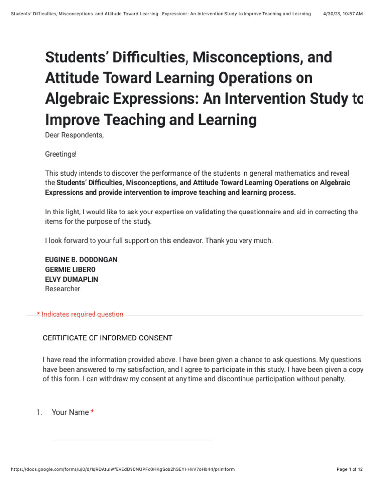 Students Difficulties Misconceptions and Attitude Toward Learning Operations On Algebraic ...