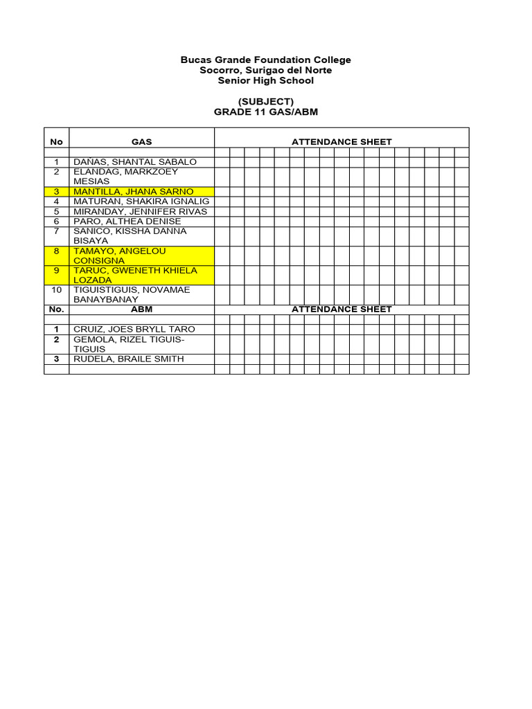 Grade 11 Attendance Sheets | PDF