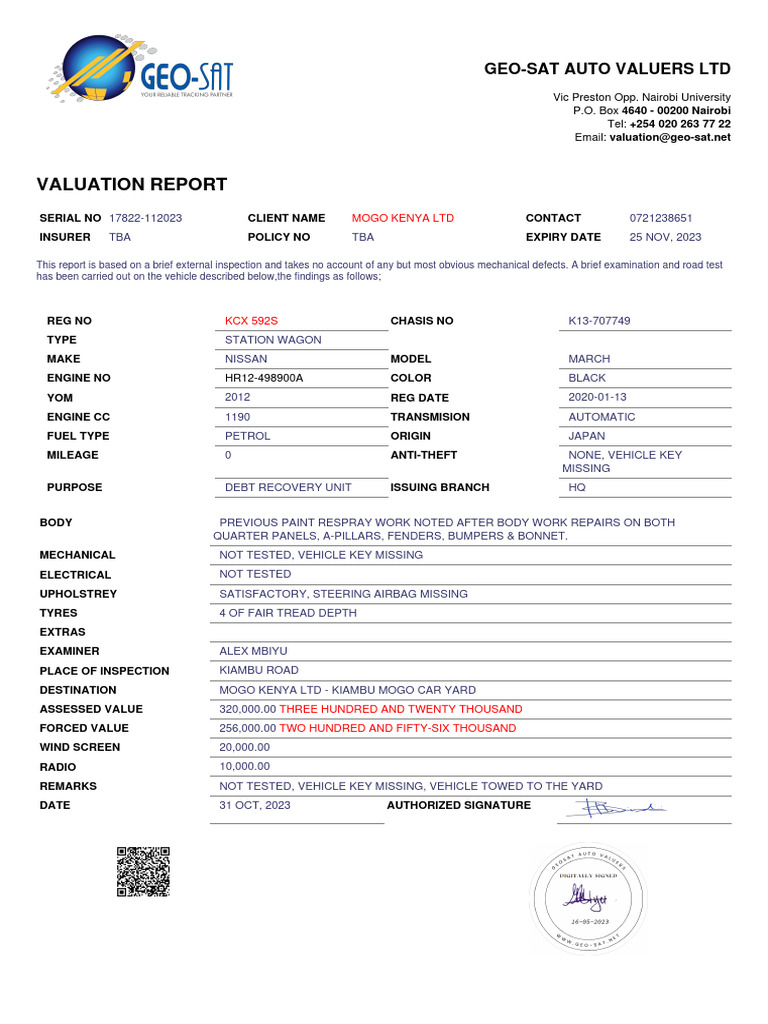 Valuation Report - KCX 592S | PDF | Transport | Motor Vehicle