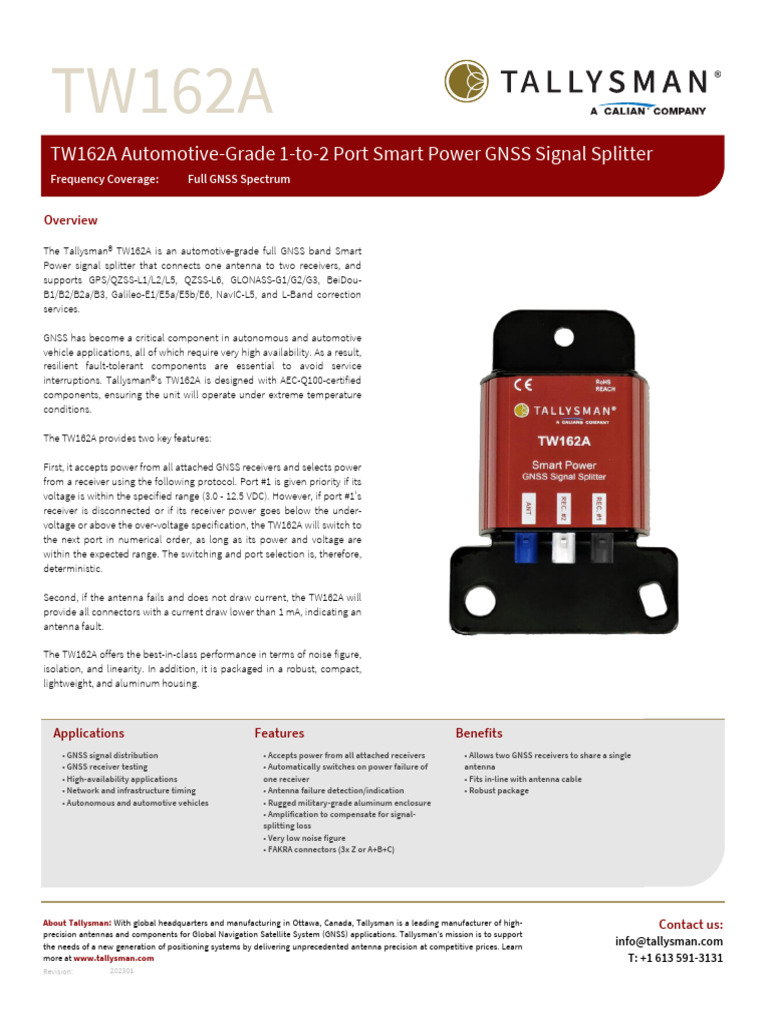 Tallysman® TW162A Datasheet 1 | PDF | Decibel | Antenna (Radio)
