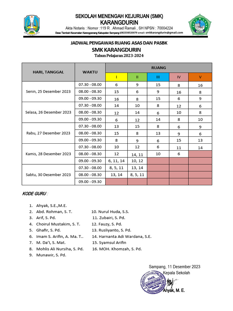 Jadwal Pengawas Ruang Asas Dan Pasbk 2023-2024 | PDF Jadwal Pengawas Ruang Asas Dan Pasbk 2023-2024 | PDF