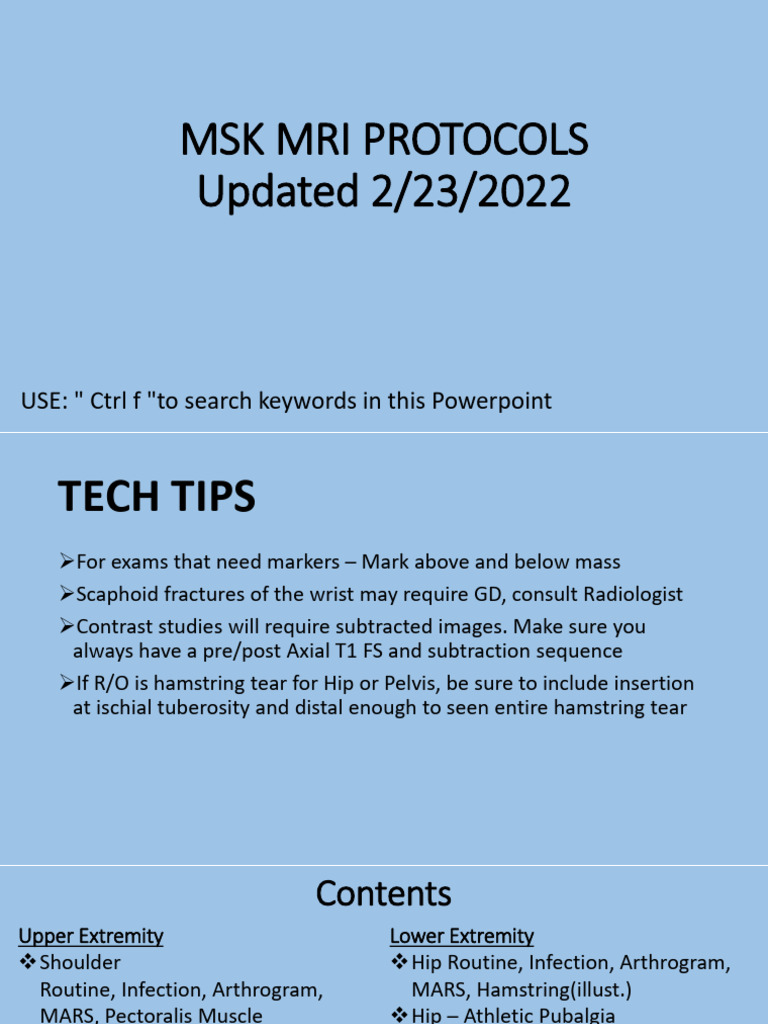 MSK MRI Protocols Overview | PDF | Shoulder | Elbow