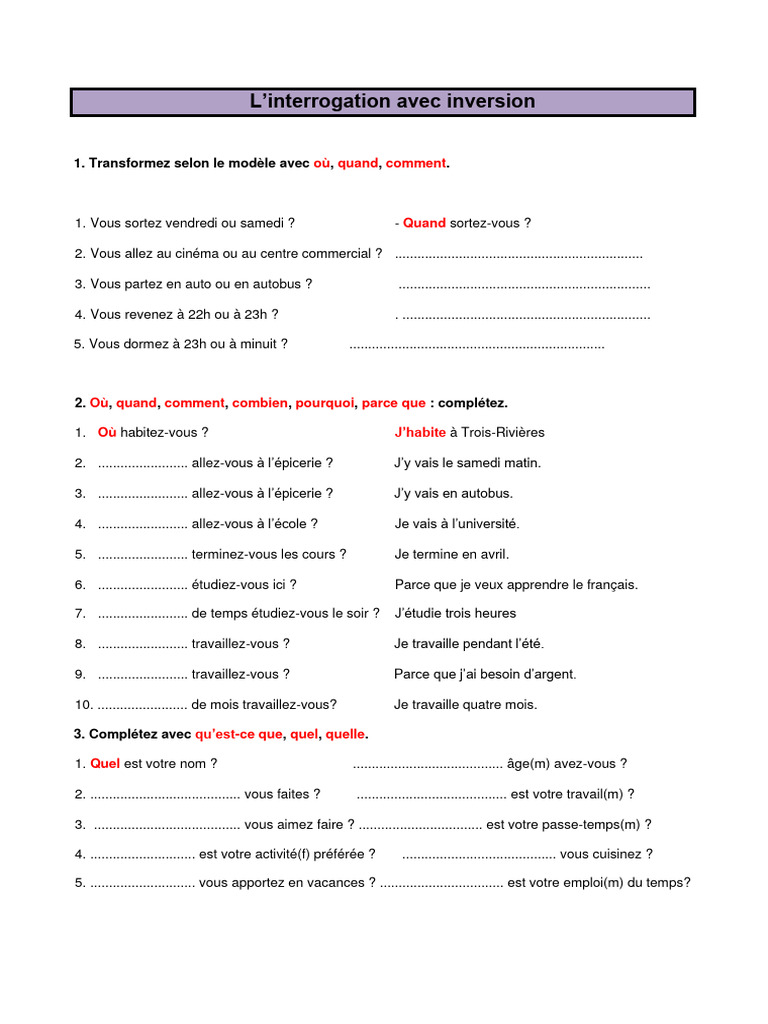 L'interrogation Avec Inversion Exercices | PDF