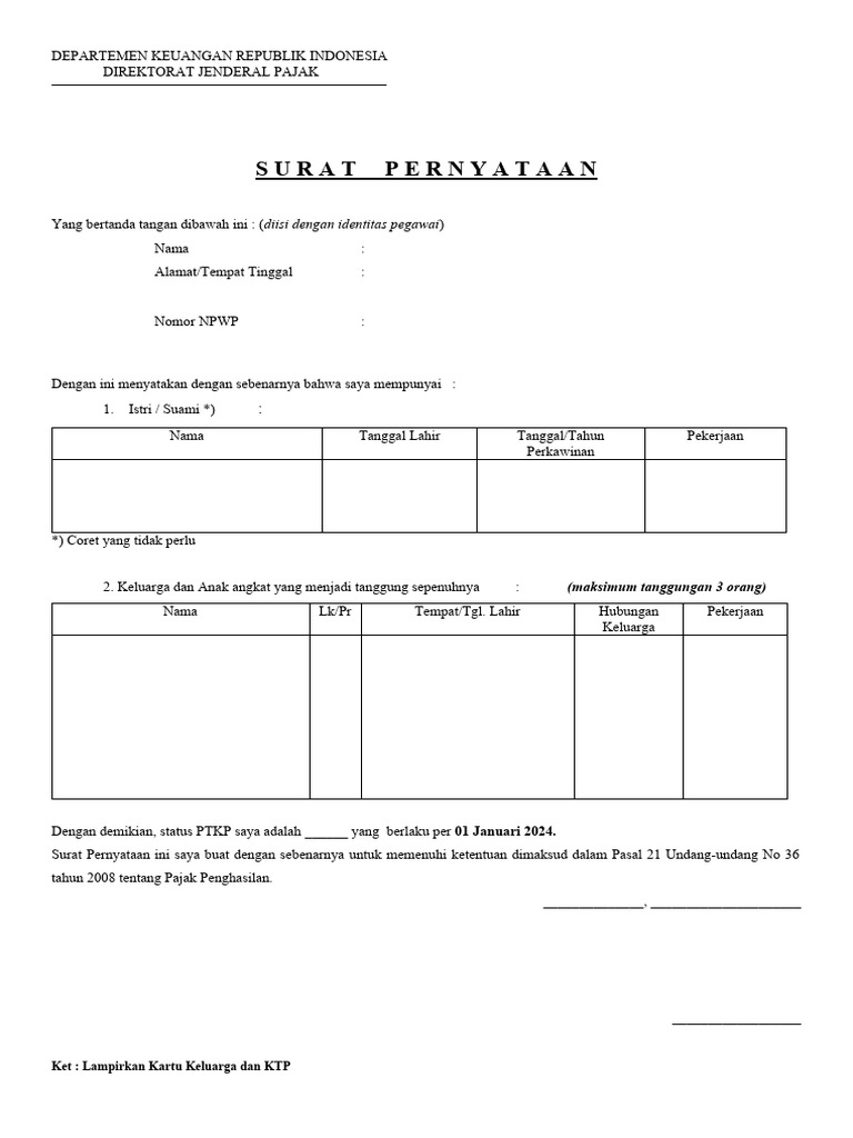 Form Lembar Pernyataan Status Pajak Pegawai | PDF