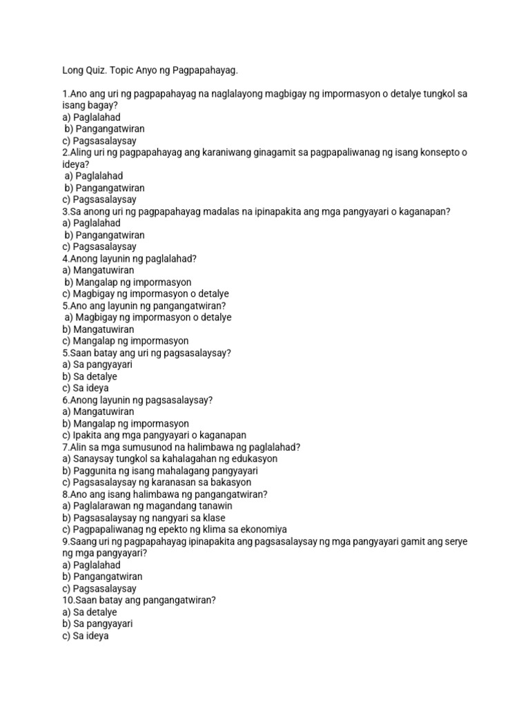 Long Quiz Uri NG Pagpapahayag. | PDF