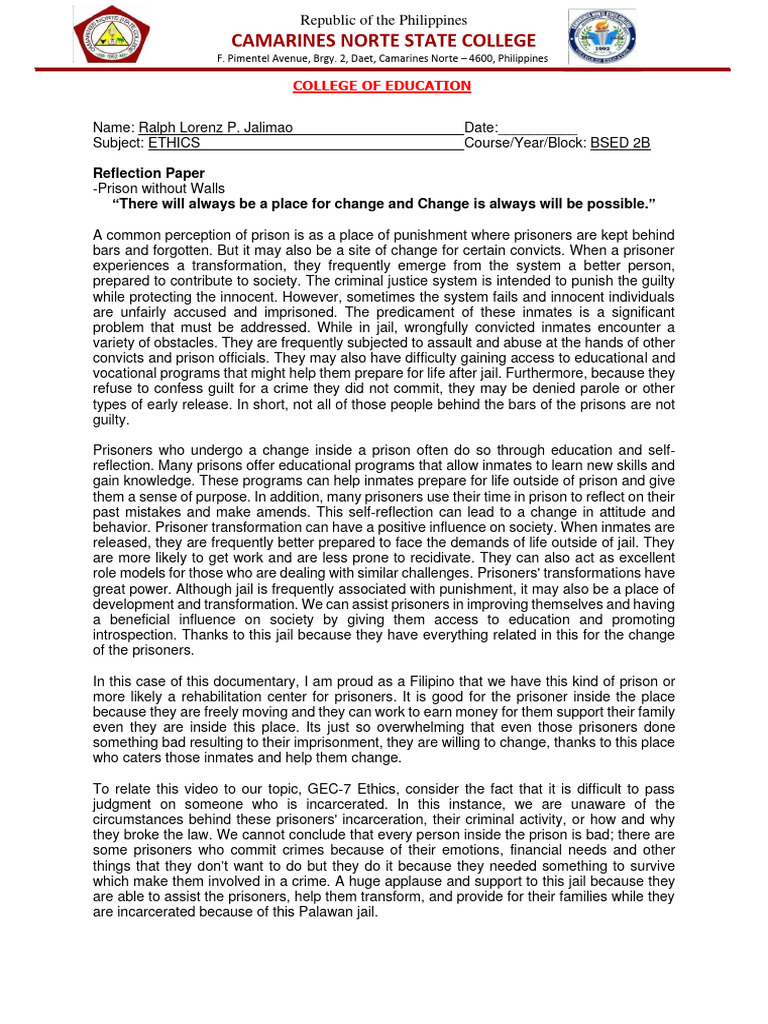 Reflection Paper - Prison Without Wall | PDF | Prison | Rehabilitation ...
