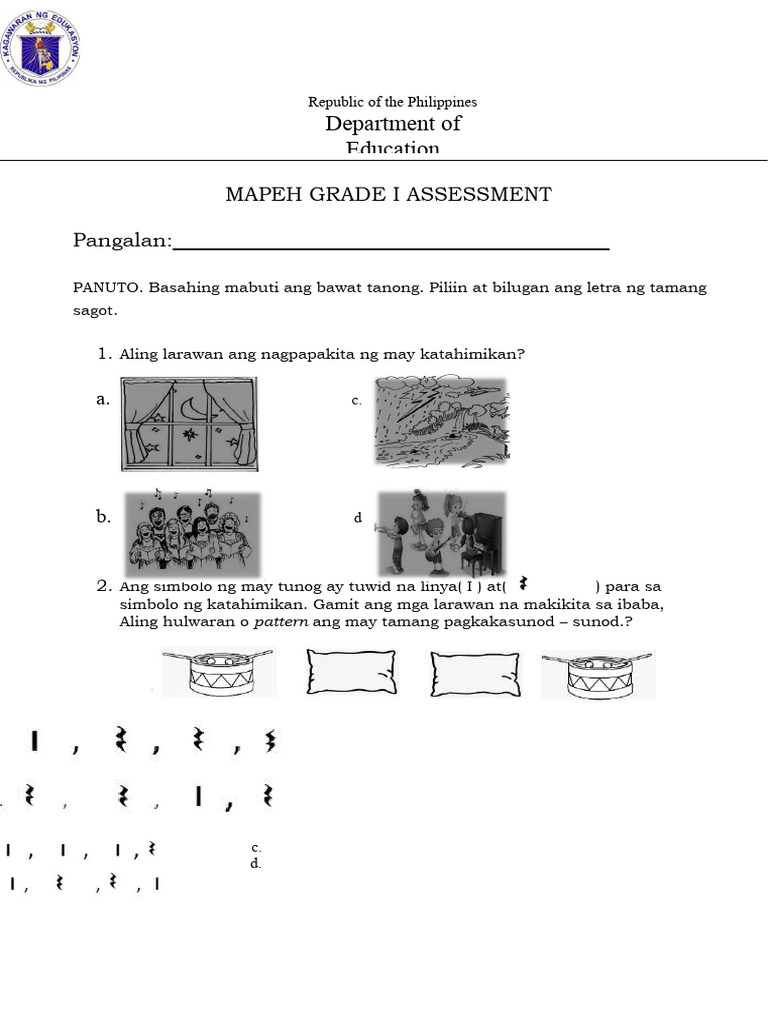 Grade 1 MAPEH Assessment Tool FINAL | PDF