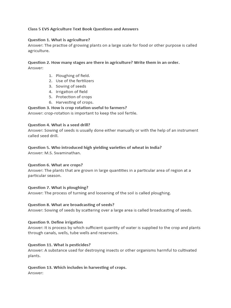 Class 5 EVS Agriculture Q&A Guide | PDF | Home & Garden | Science ...