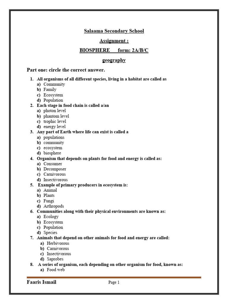 Assignment Chapter Two Biosphere | PDF