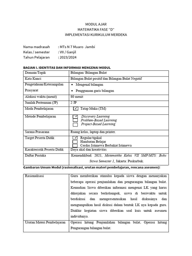 1 Modul Ajar Matematika Kelas 7 - Bilangan Bulat (WWW - Kherysuryawan ...