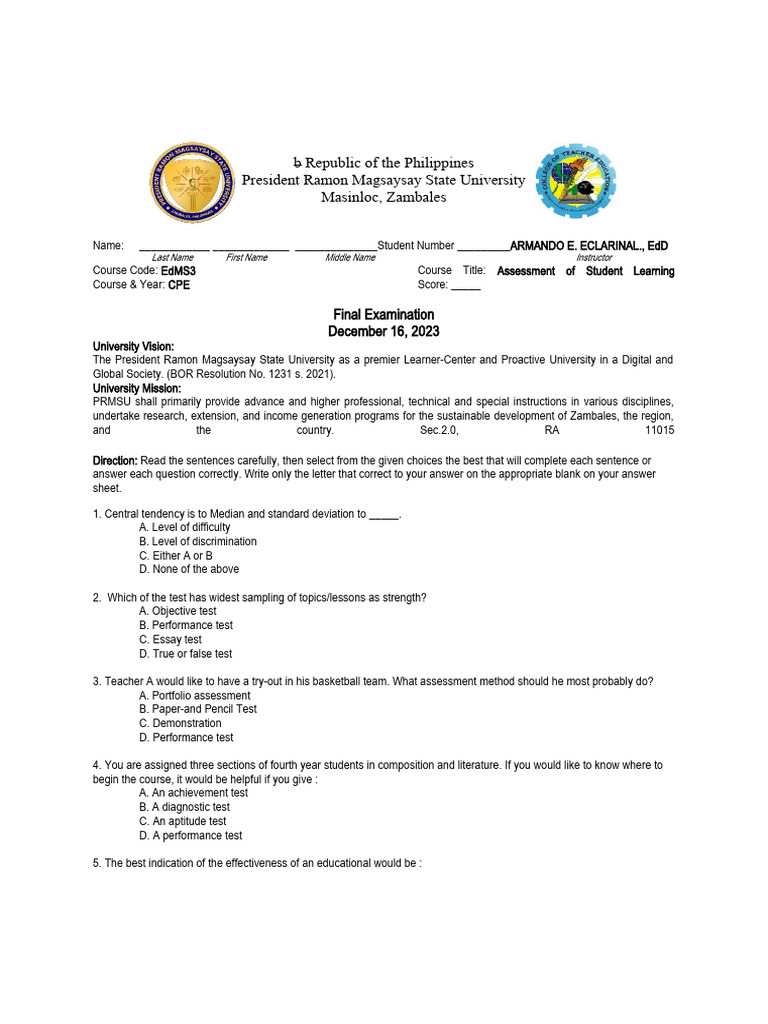 AY 2023 24 Final Exam EdCK2 Assessment of Student Learning CPE | PDF