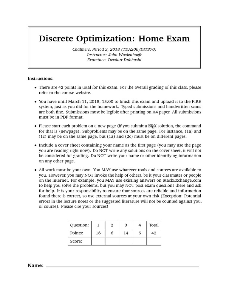 Discrete Optimization Home Exam 2018 | PDF
