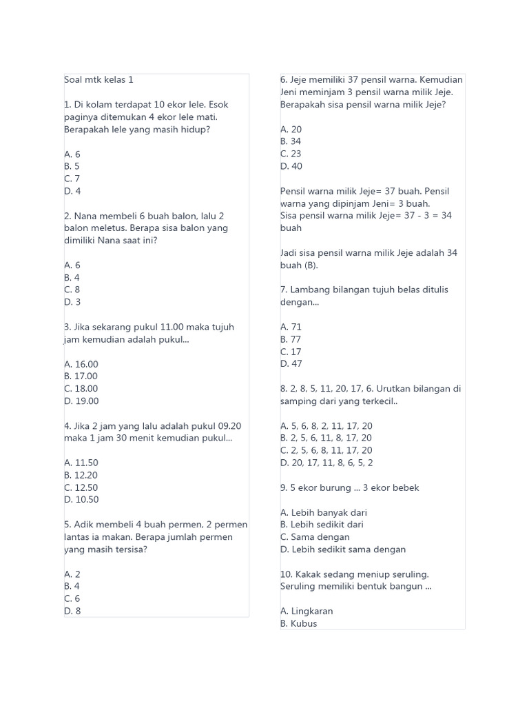 Soal MTK Kelas 3 | PDF