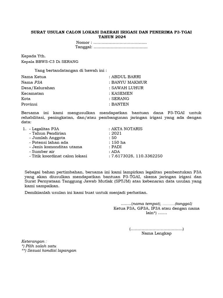 Contoh Surat Usulan P-3TGAI | PDF