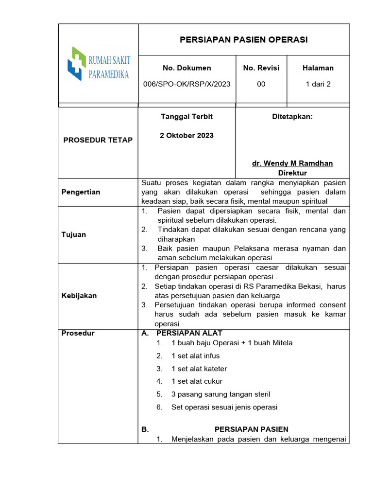 Sop Ok 006 Persiapan Pasien Operasi | PDF