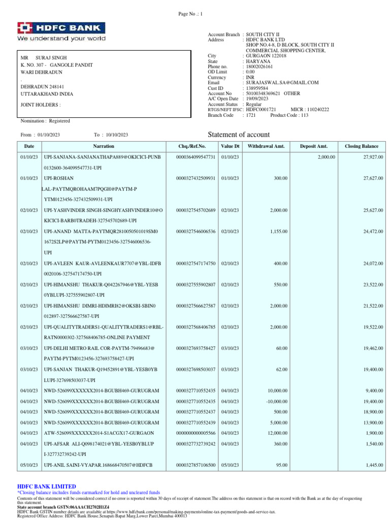 Account Statement: Oct 2023 Summary | PDF | Banks | Money