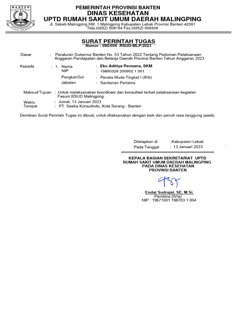 Dinas Kesehatan Uptd Rumah Sakit Umum Daerah Malingping: Surat Perintah ...
