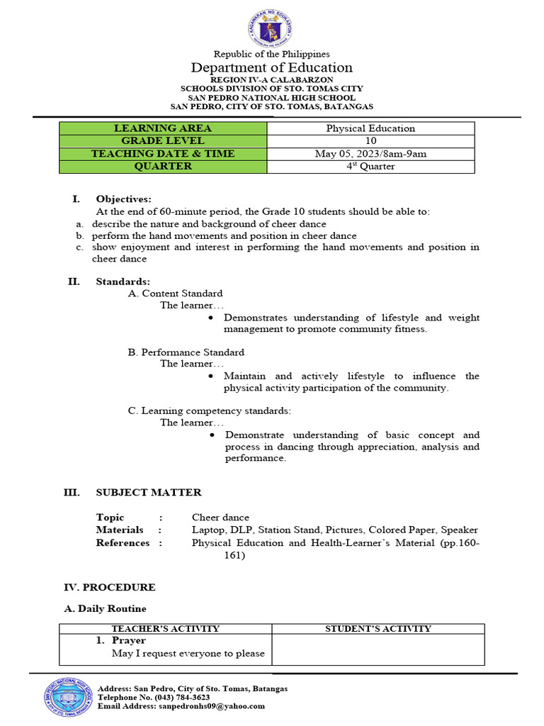 Detailed Lesson Plan (Cheerdance) | PDF | Cheerleading | Dances