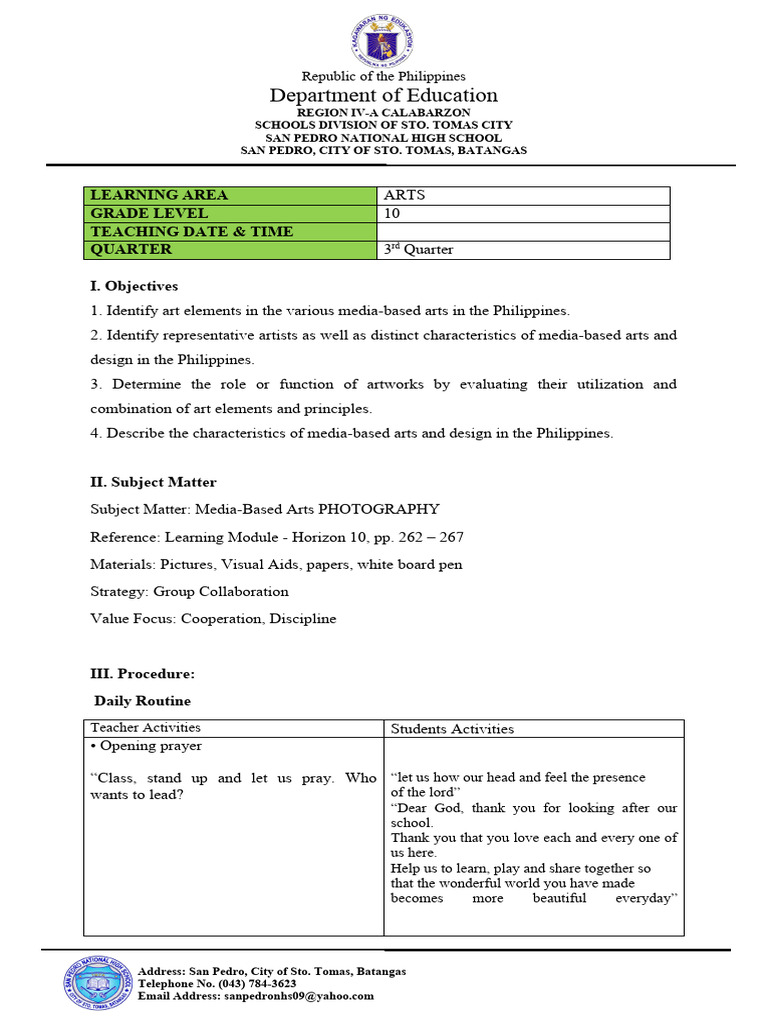 Grade 10 Media Arts Lesson Plan | PDF