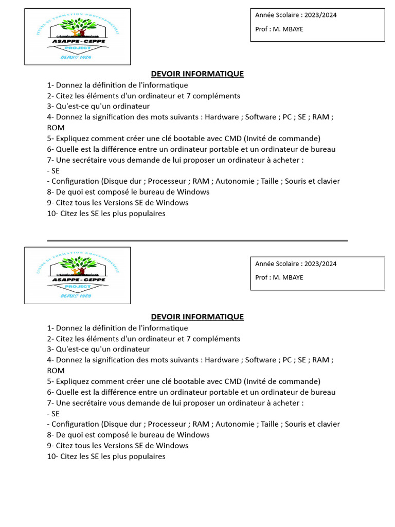 Devoir Informatique 1 2024 | PDF