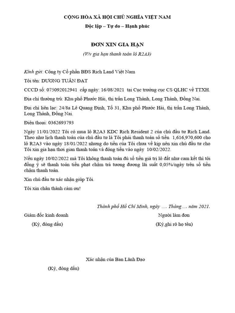 ĐƠN XIN GIA H N - Công Ty | PDF