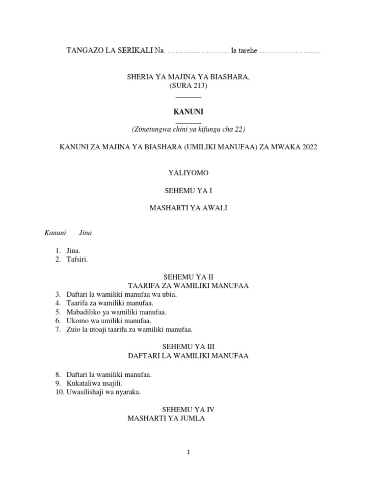 T.S. Kanuni Za Sheria Ya Majina Ya Biashara (Mmiliki Manufaa), 2022 ...