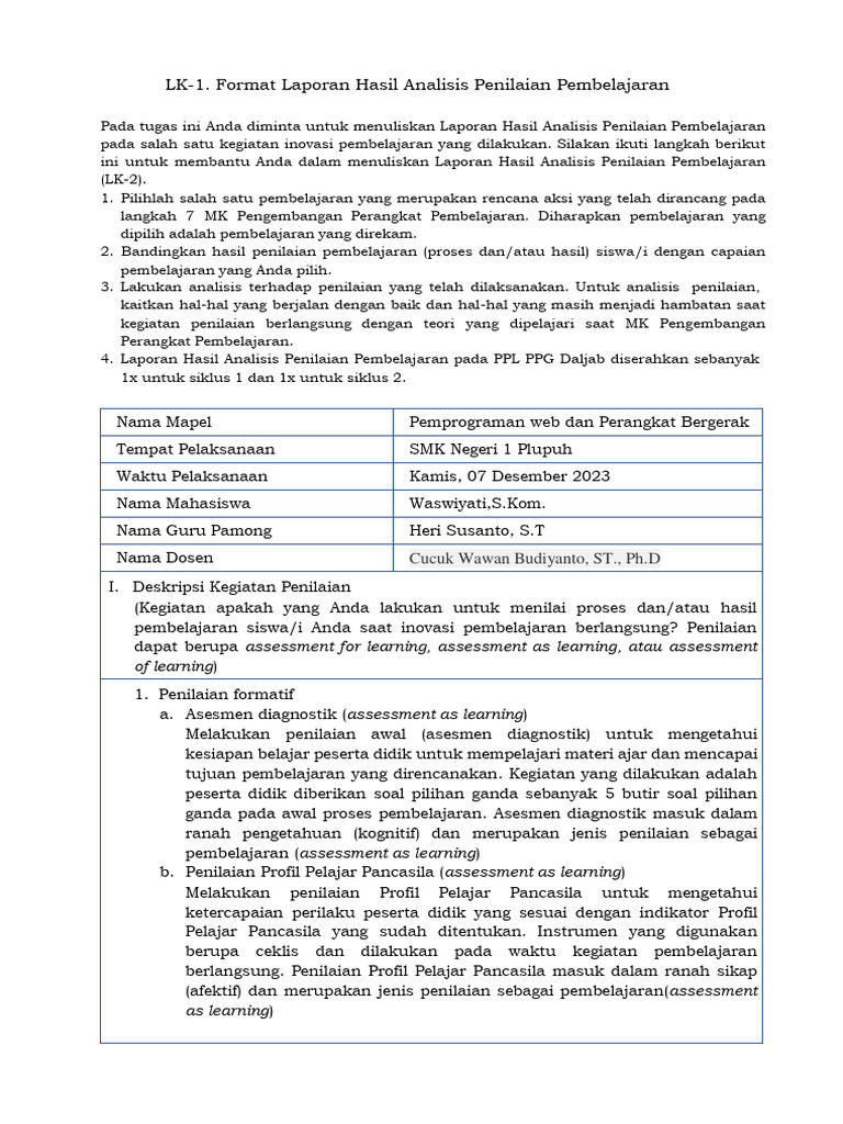 Format Hasil Asesmen Pembelajaran WASWIYATI | PDF