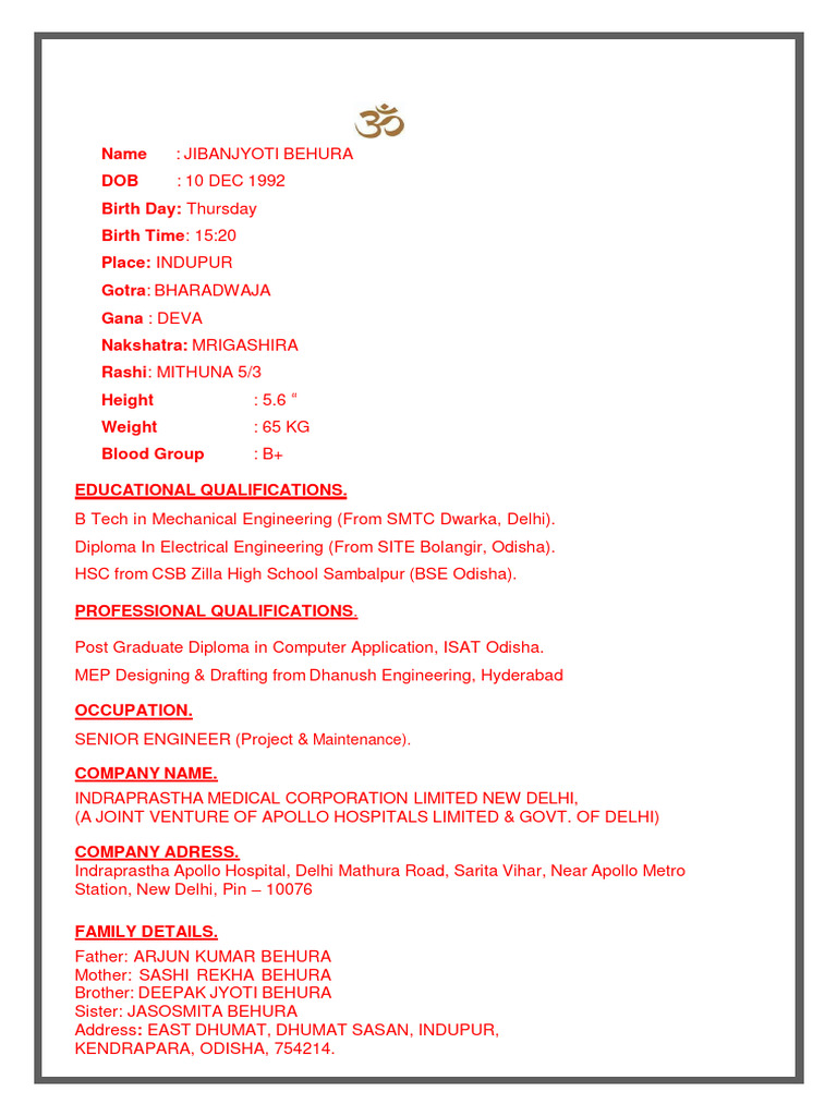 Jibanjyoti Behura Bio Data | PDF