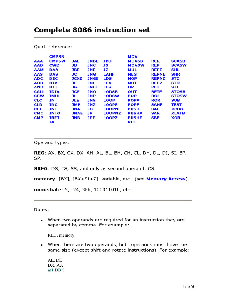 Set Completo de Instrucciones 8086 | PDF | Binary Coded Decimal | Computer Programming