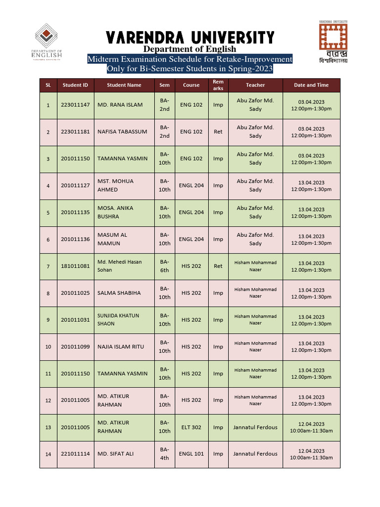 Bi-Semester Mid Term Exam Schedule For Retake-Improvement (Spring-2023 ...