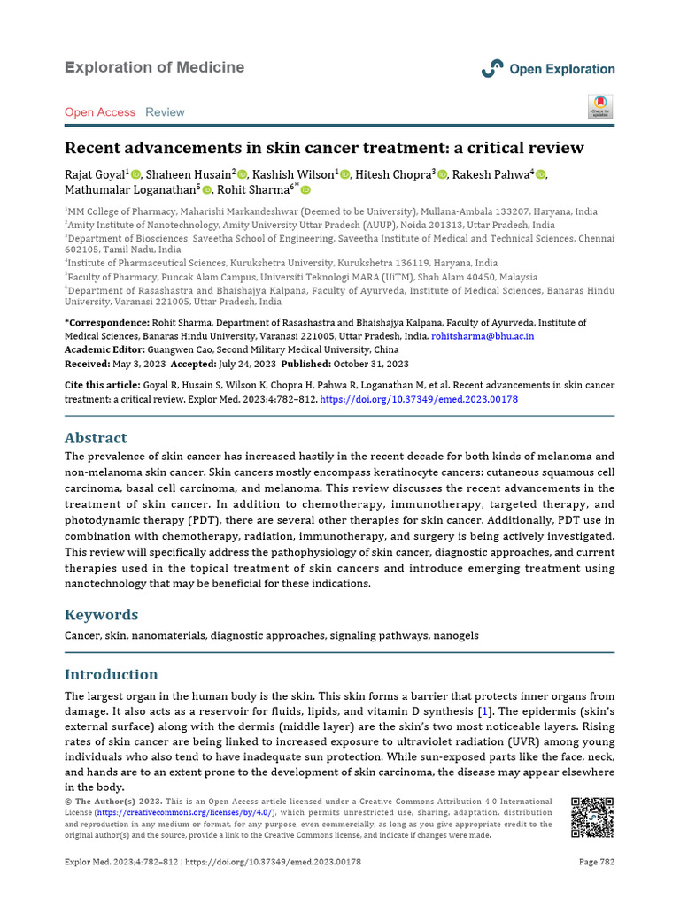 Recent advancements in skin cancer treatment: a critical review | PDF ...