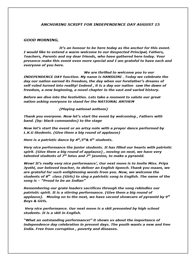 Anchoring Script For Independence Day August 15 | PDF | Art