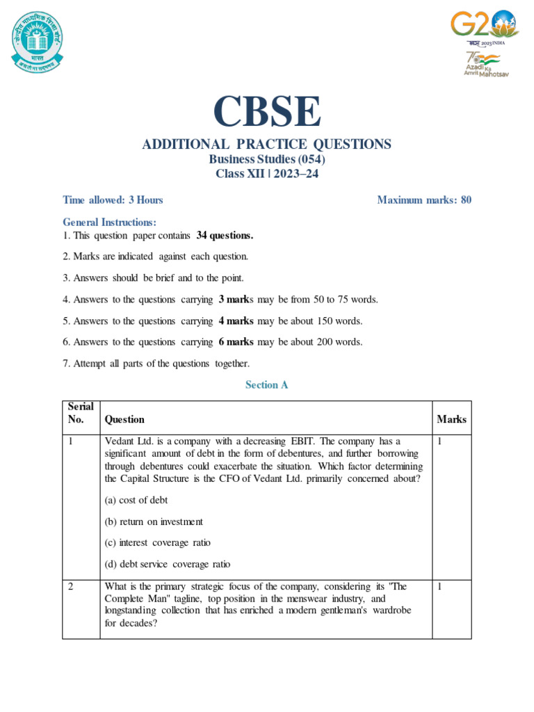 CBSE Class XII Business Studies Practice Questions | PDF | Packaging ...