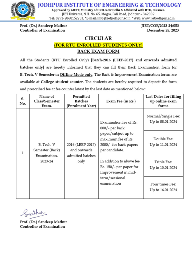 053 - RTU-B. Tech. V Semester-Back Exam Form & Exam Fee Notice | PDF