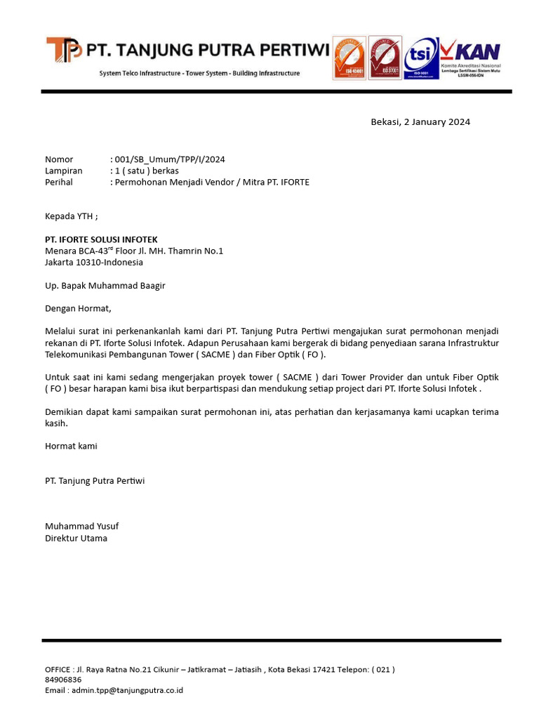 Surat Permohonan Rekanan IFORTE | PDF | Bisnis