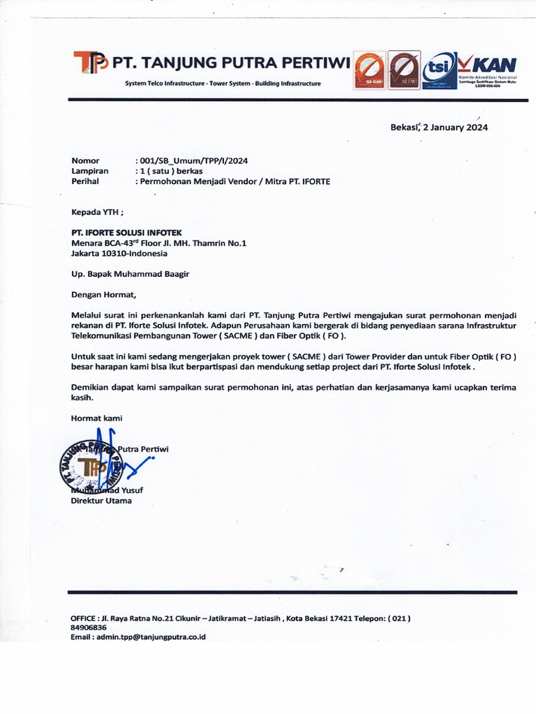 Surat Permohonan Menjadi Vendor | PDF