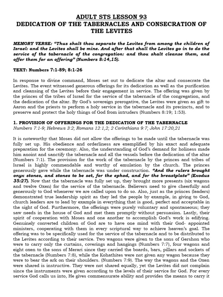 Adult STS Lesson 93 Dedication of The Tabernacles and Consecration | Download Free PDF ...